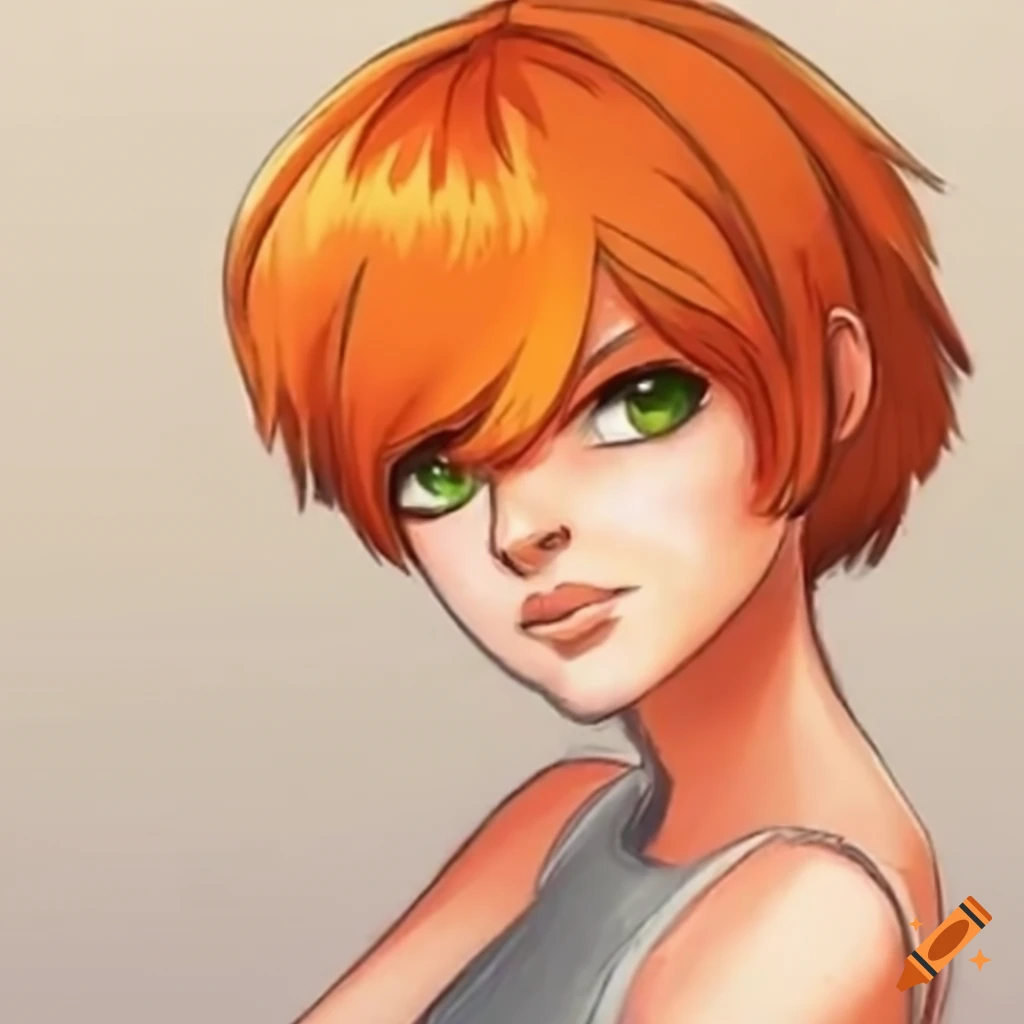 Anime child character with orange pixie cut hair and green eyes laying ...