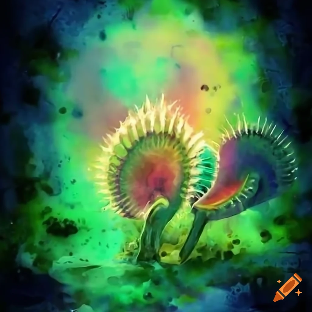 Glowing biopunk Venus flytrap creature in a moss-covered cityscape with cybernetic technology on ...