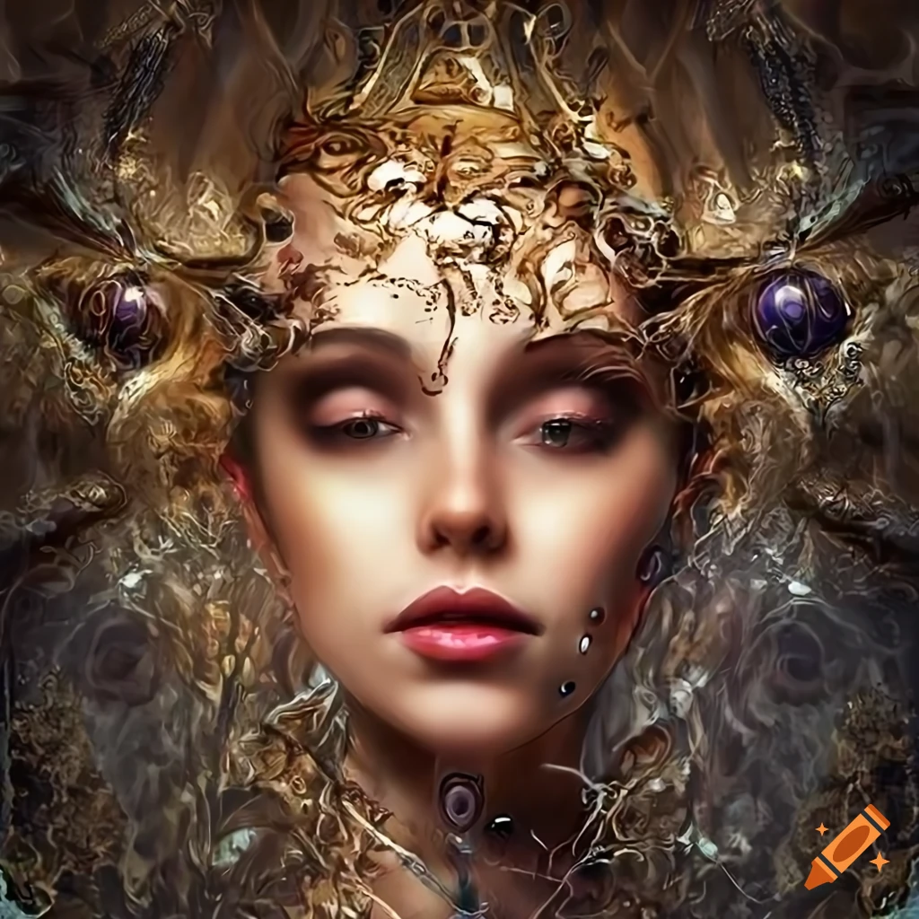 Portrait of a beautiful cyborg with brown hair in a highly detailed and ...