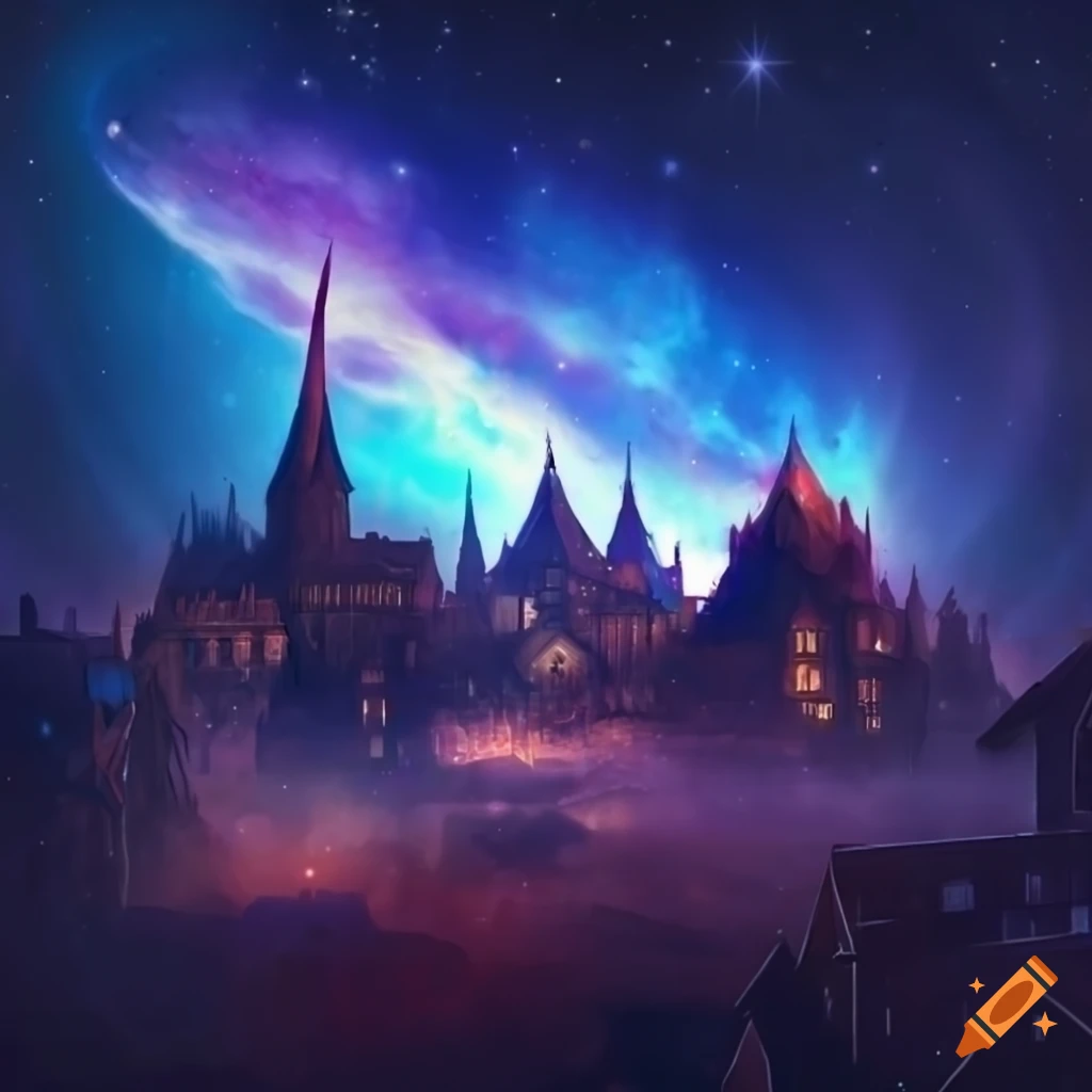 Fantasy town under a galaxy night sky on Craiyon