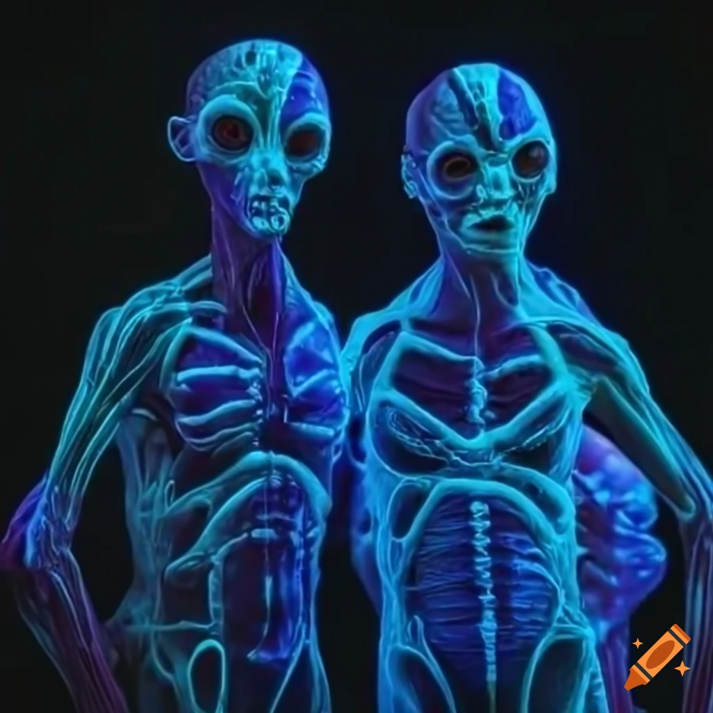 Group of glowing fluorescent alien ghosts with detailed muscular anatomy posing together on Craiyon