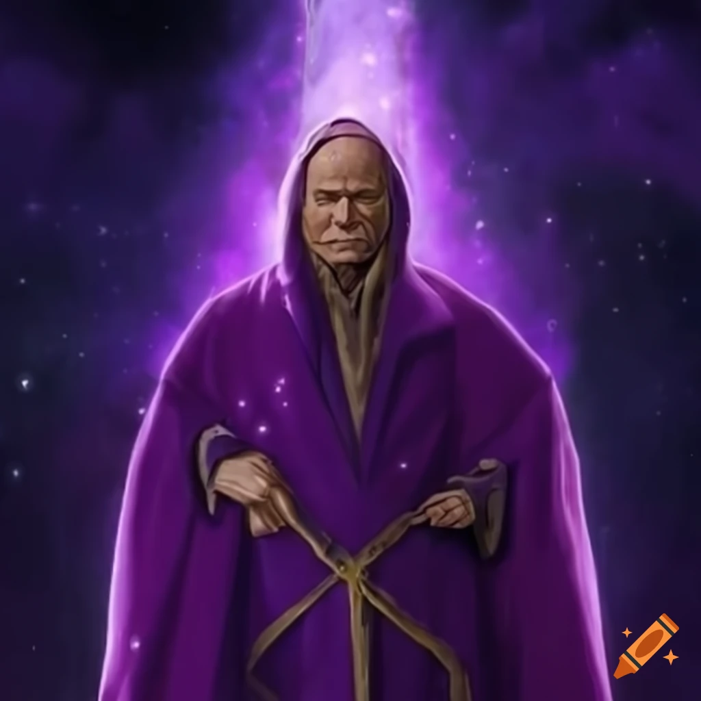 Character in purple wizard robes and hat with stars on Craiyon