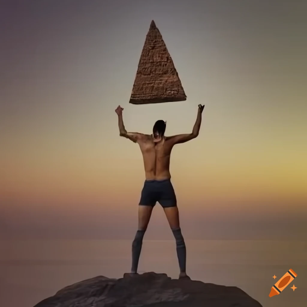 Giant man holding a pyramid above his head with his arms on Craiyon