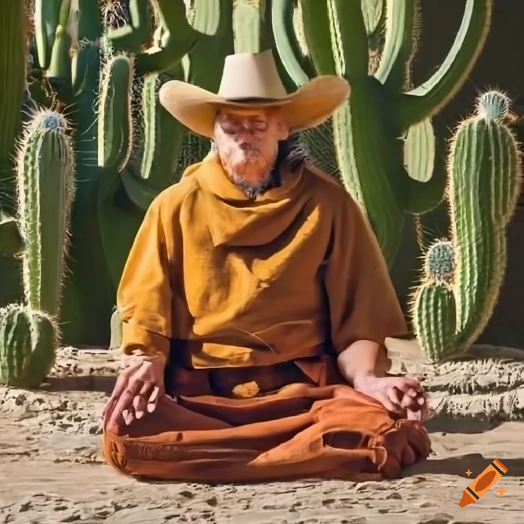 Cowboy-hatted man meditating under a cactus in a monk's robe on Craiyon