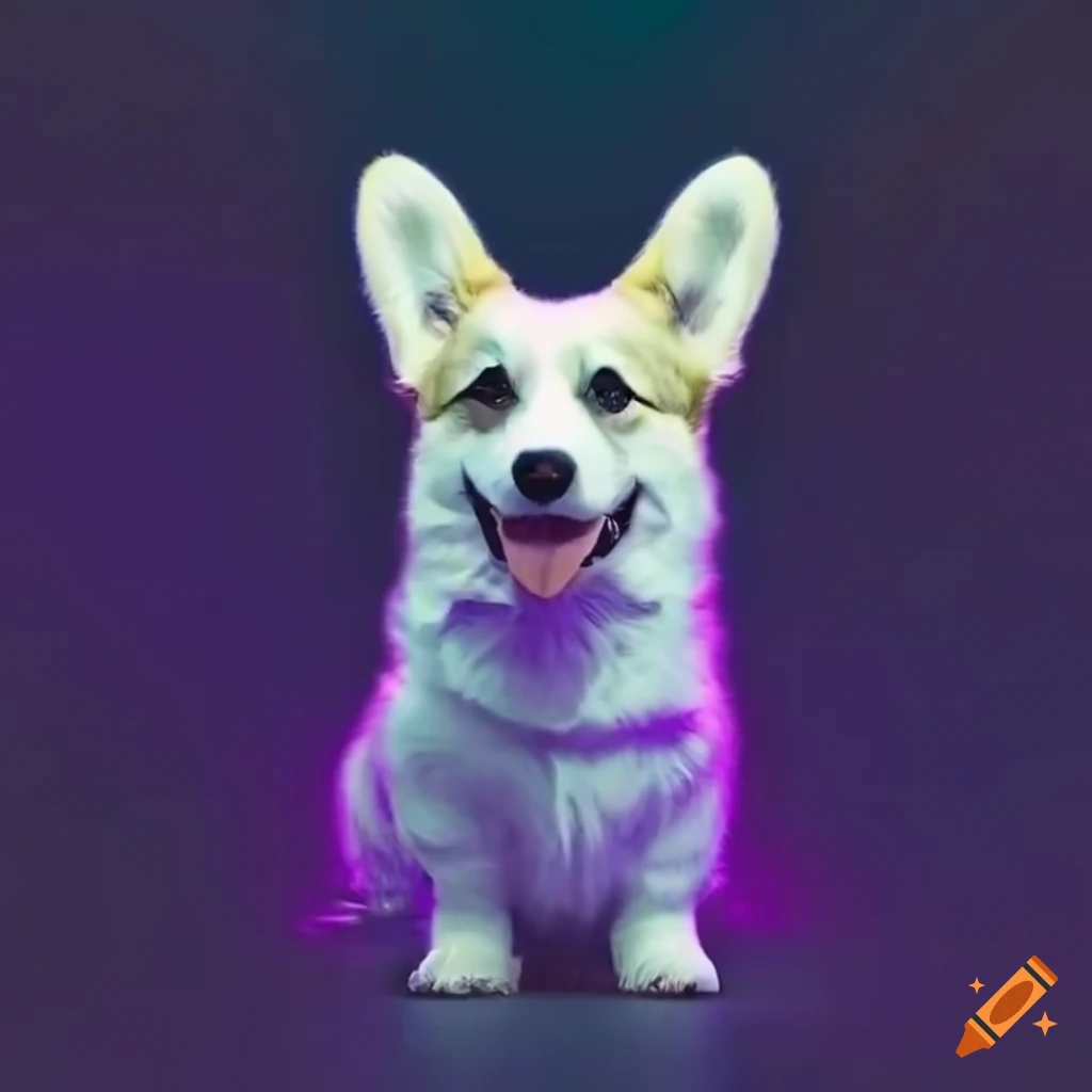 Fluffy pembroke corgi made of purple and cyan light on Craiyon