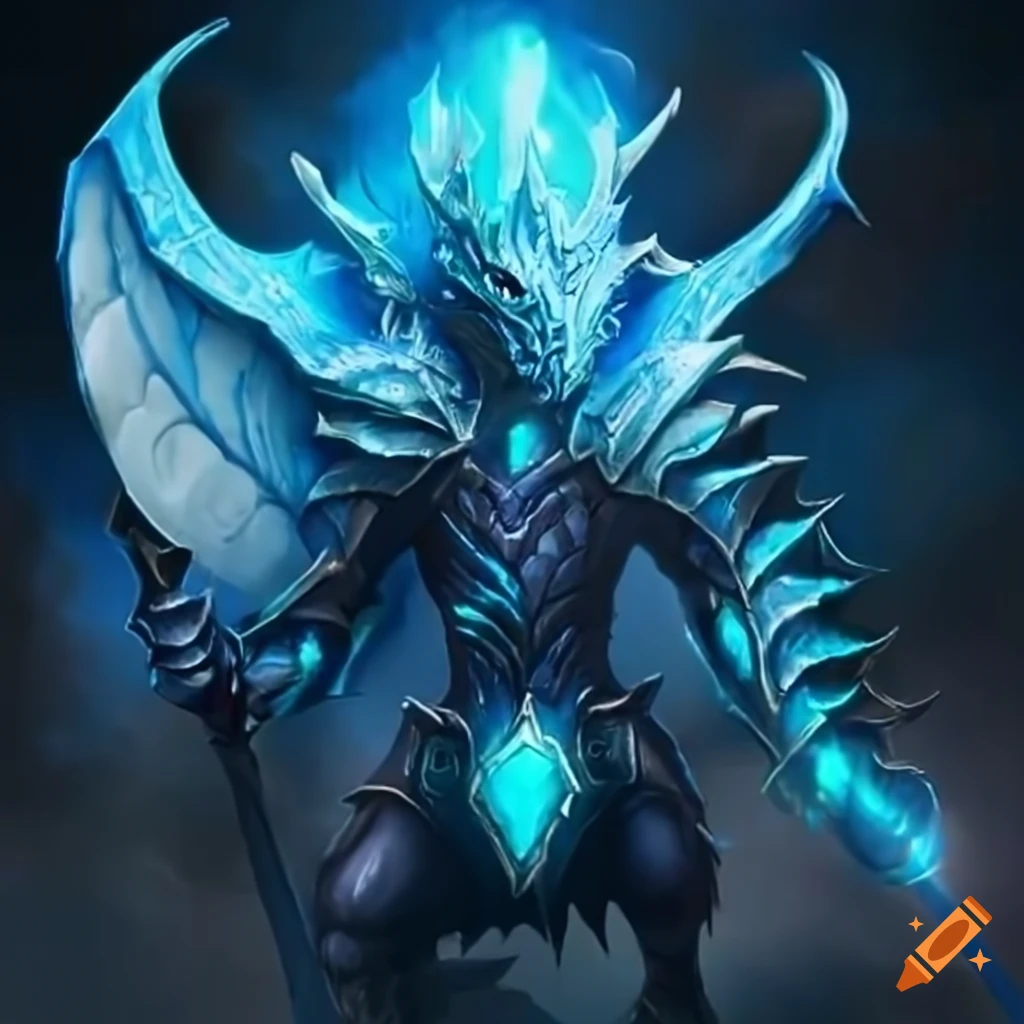 Fantastical blue dragon warrior in crystalline armor ready for battle on Craiyon