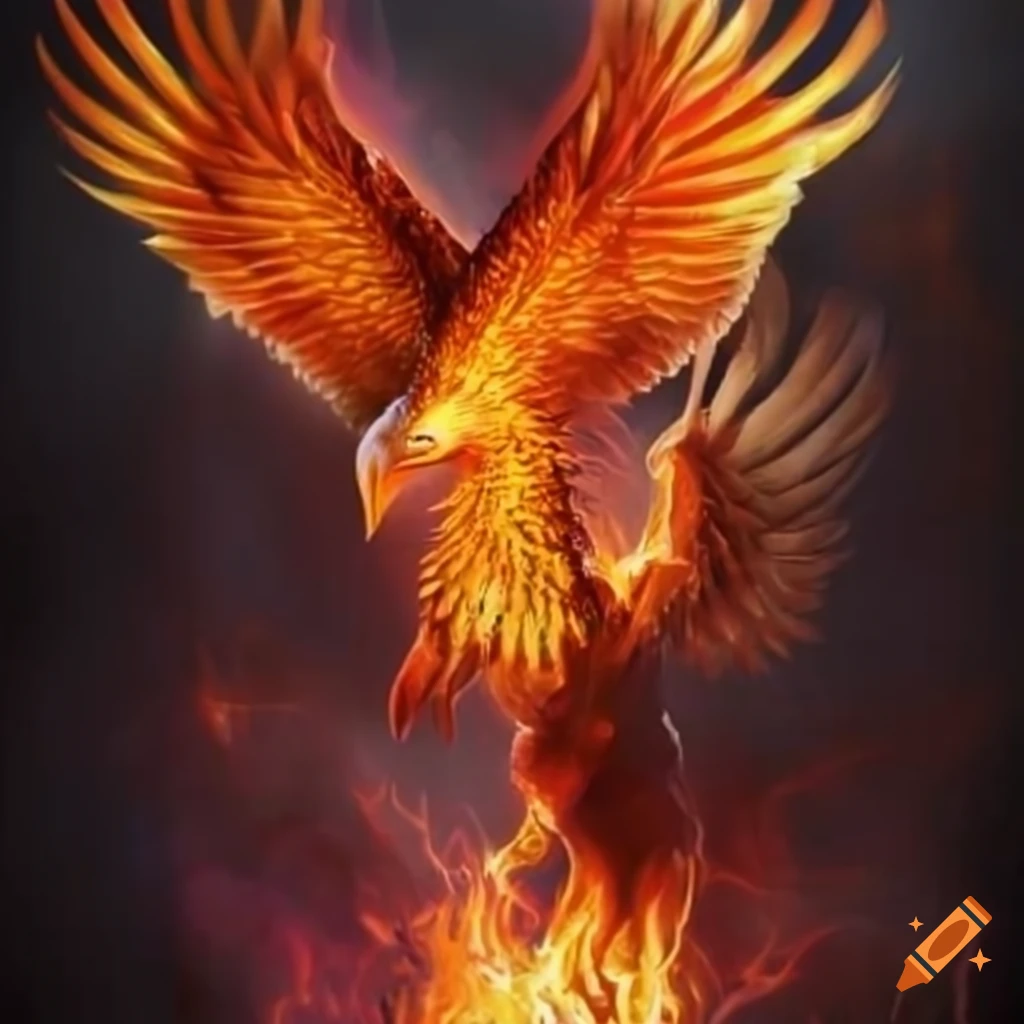 Eagle phoenix representing rebirth from ashes with fire element on Craiyon