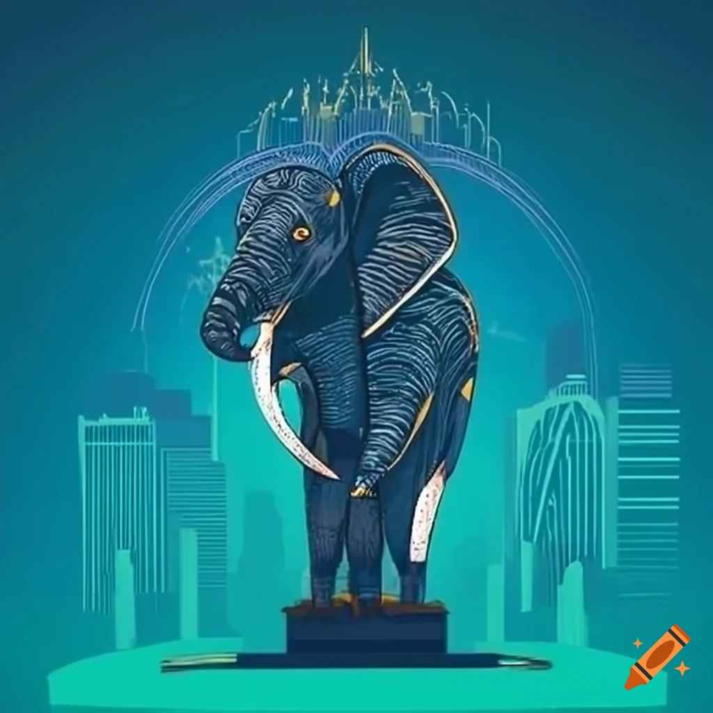 Powerful elephant among skyscrapers representing conquest in business ...