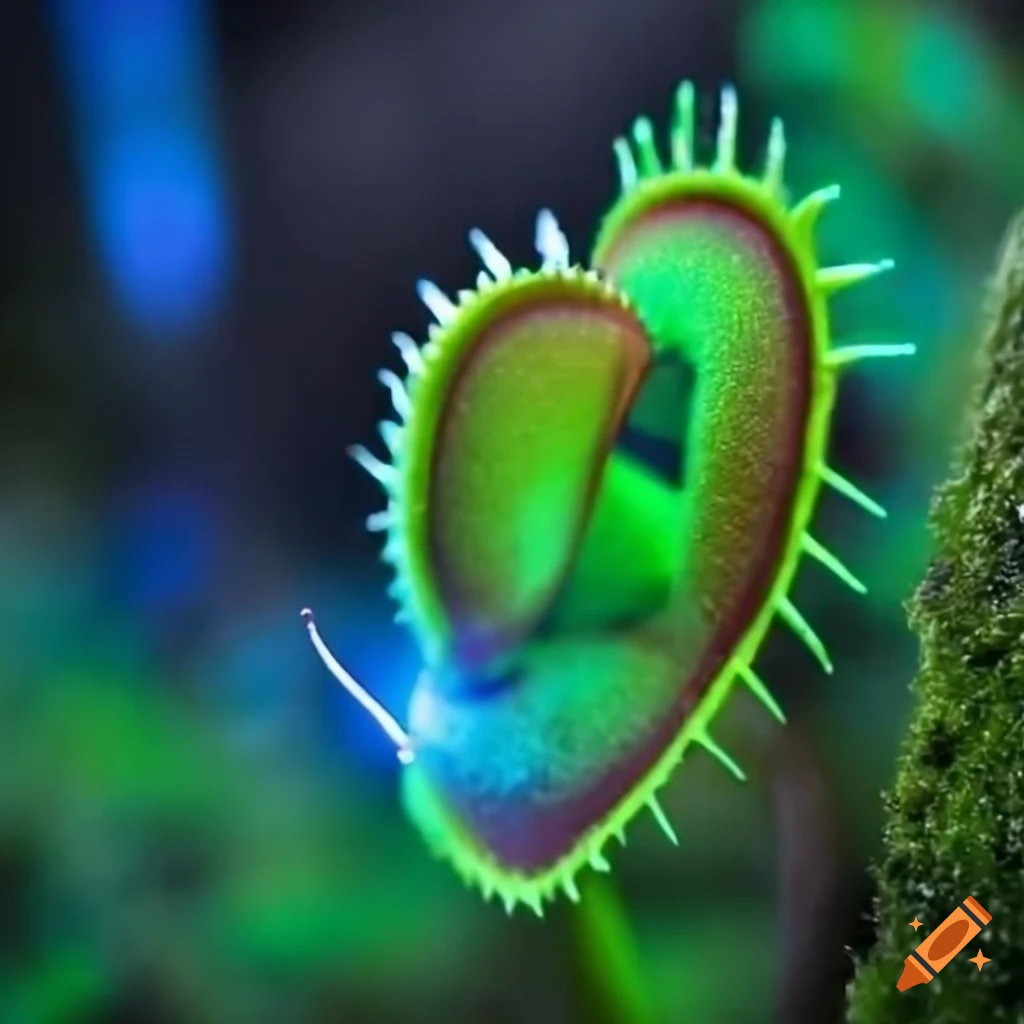 Glowing biopunk Venus flytrap creature in a futuristic cityscape on Craiyon