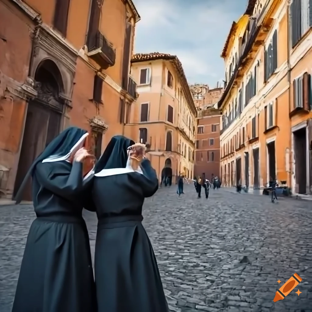 Two nuns capturing an ancient town in vibrant rome on Craiyon