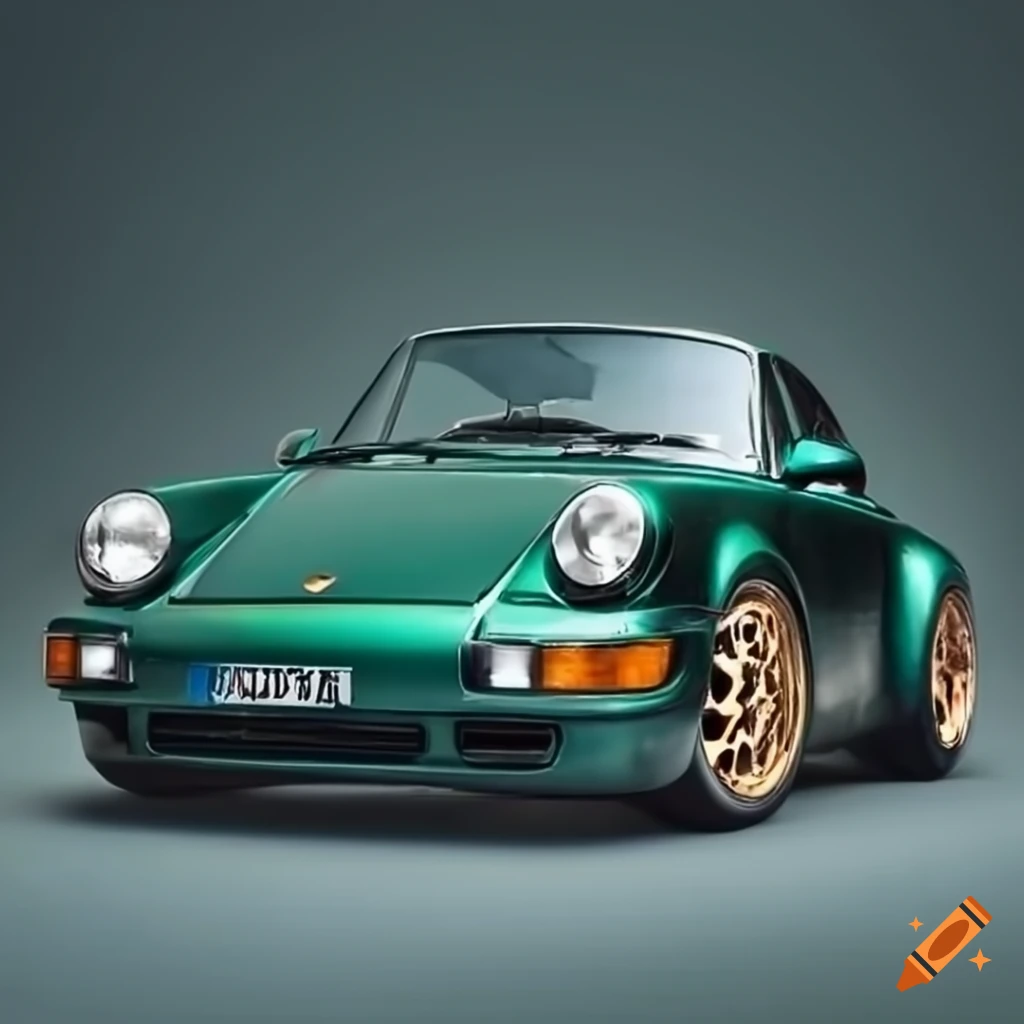 Metallic green porsche 964 with gold wheels in the rain on Craiyon