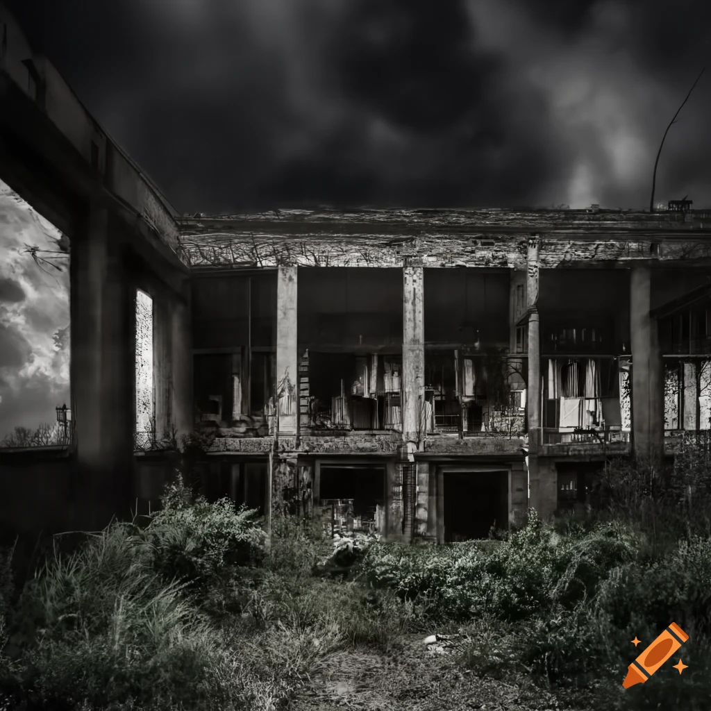 Abandoned urban space overtaken by vegetation with dark clouds and sun breaking through on Craiyon