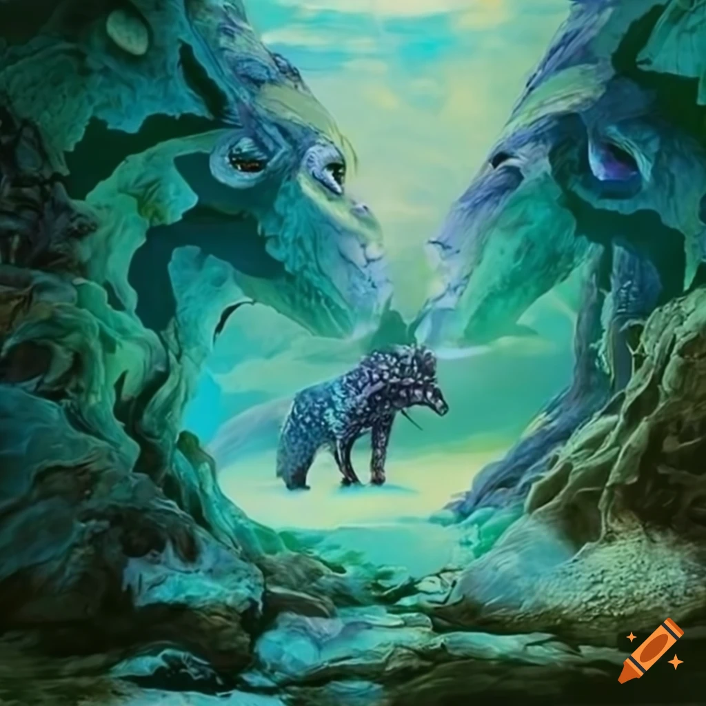 Crystal wolf-like creatures in a 70's fantasy realm by Roger Dean on ...