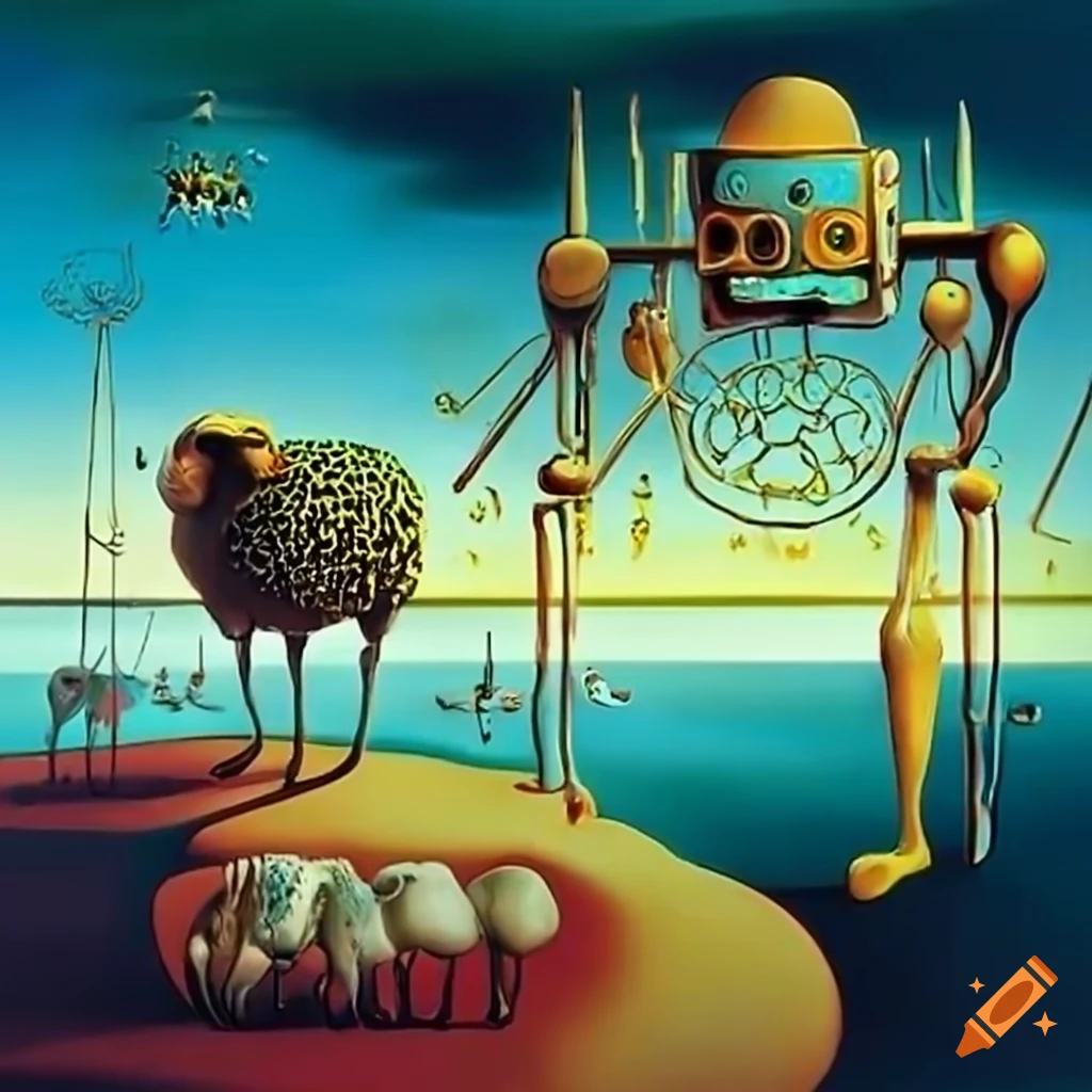 Surreal dreamscape with sheep and robots by salvador dali on Craiyon