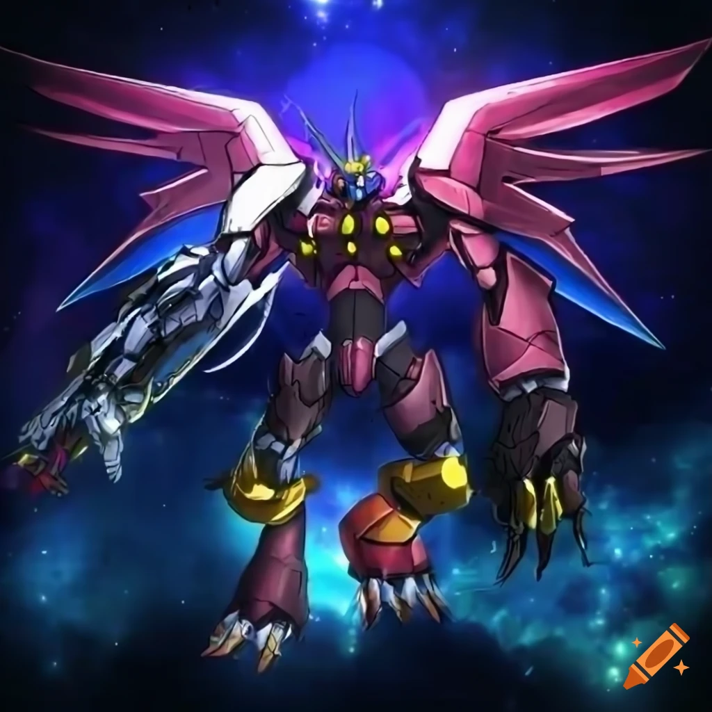 Digimon knight mecha in a space battle with galactic background on Craiyon