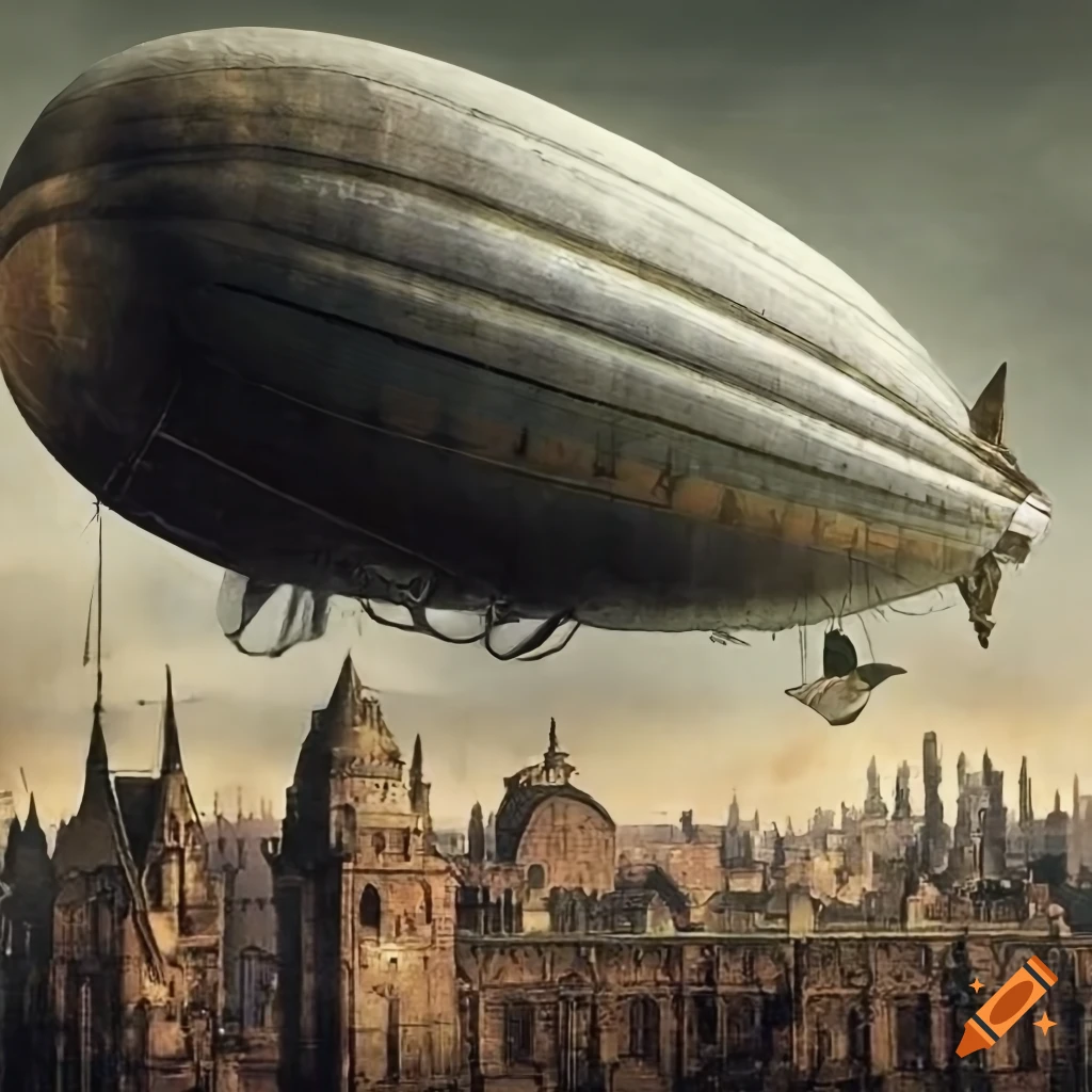 Old zeppelin flying over a destroyed Victorian city in a steampunk ...