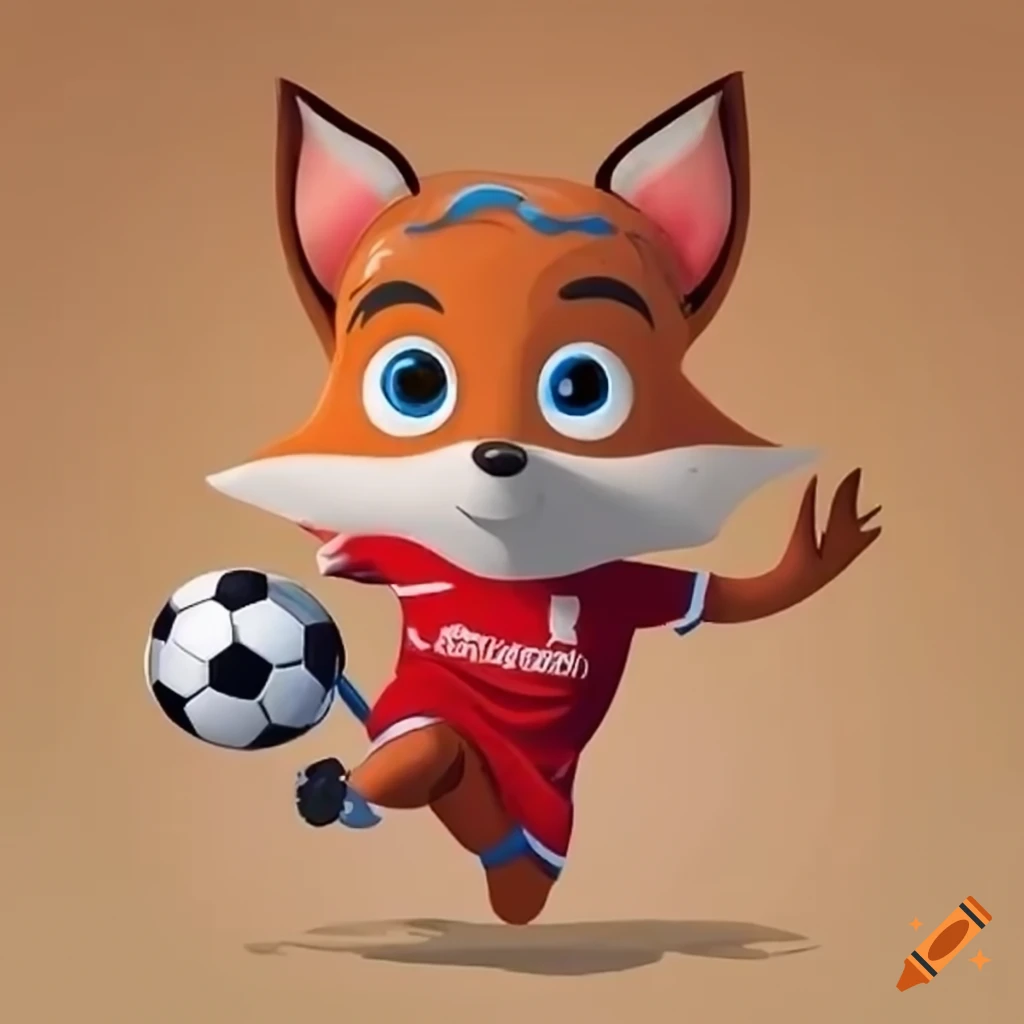 Cartoon fox playing soccer in a Liverpool jersey on Craiyon