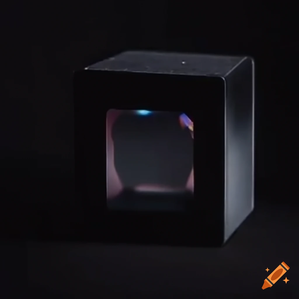 Cube emerging from a film camera lens on Craiyon