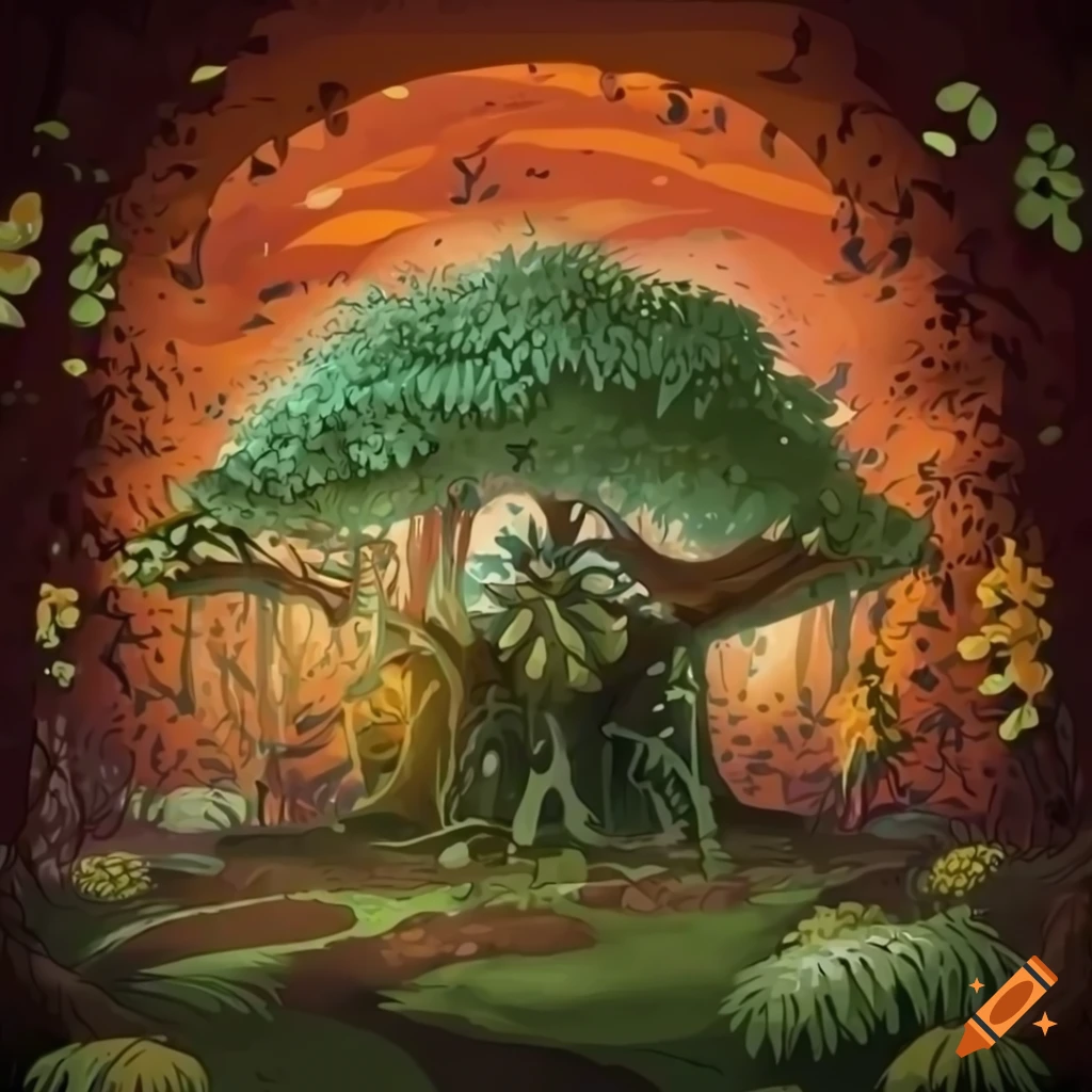 Surreal and whimsical animal cartoon in a strange forest with pond and ...