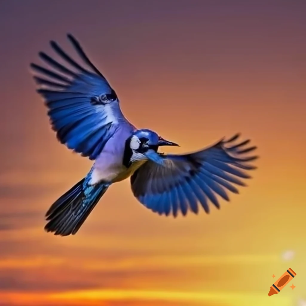 Majestic blue jay bird flying in a vibrant golden sky on Craiyon