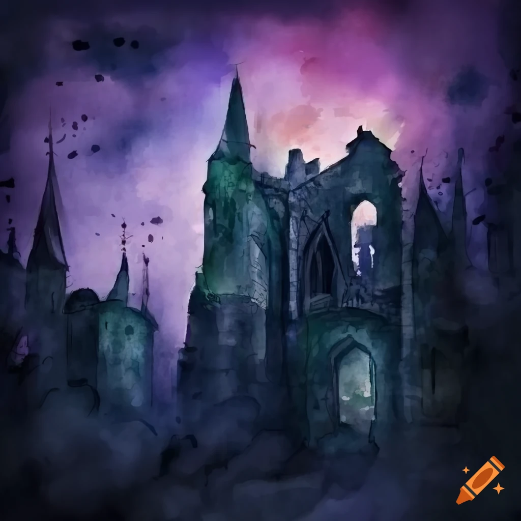 Gothic castle ruins in a creepy night with lighting watercolor painting ...