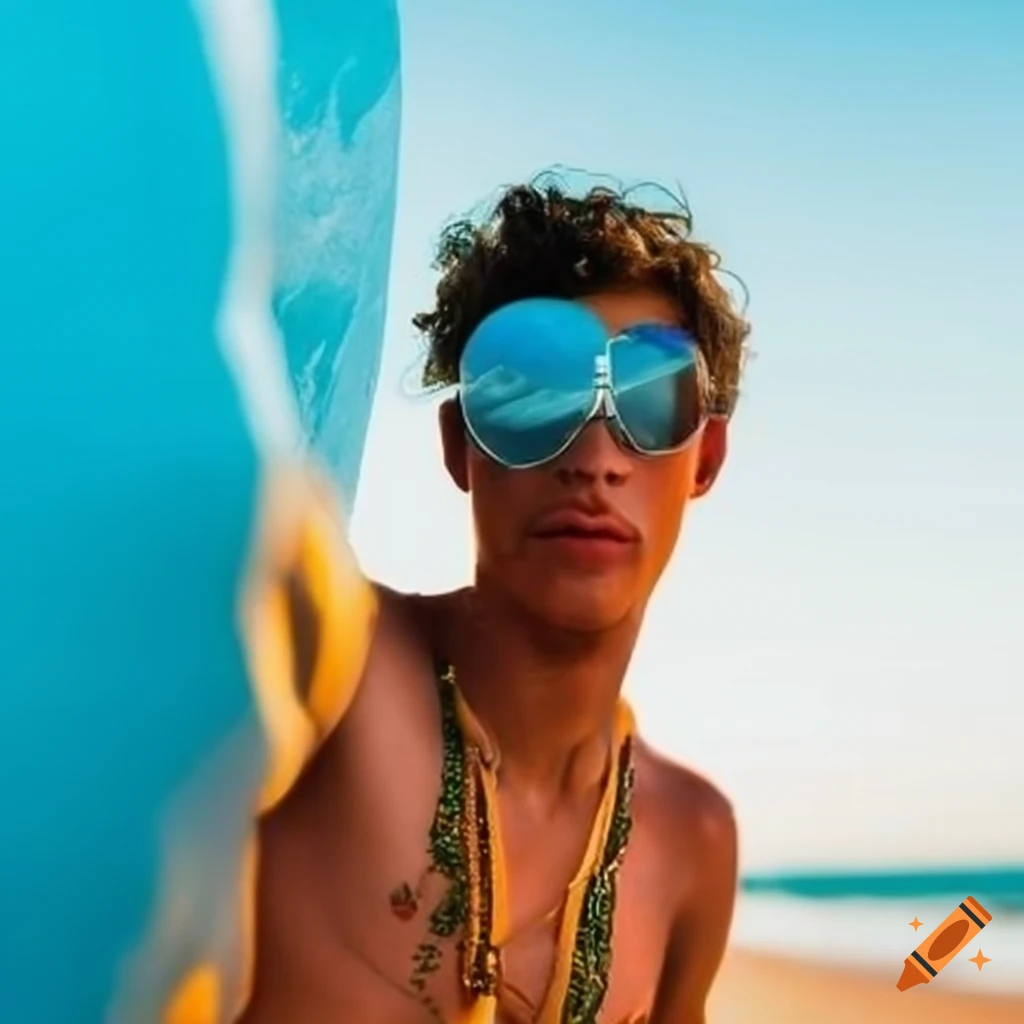 Vibrant and colorful man in trendy outfit at the beach on Craiyon