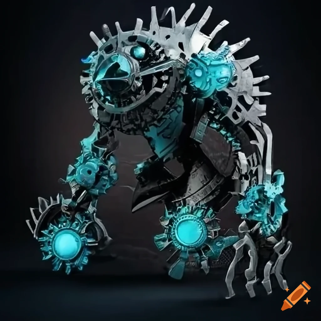 Sinister mechanical monster made of blades and cogs with a diamond core ...