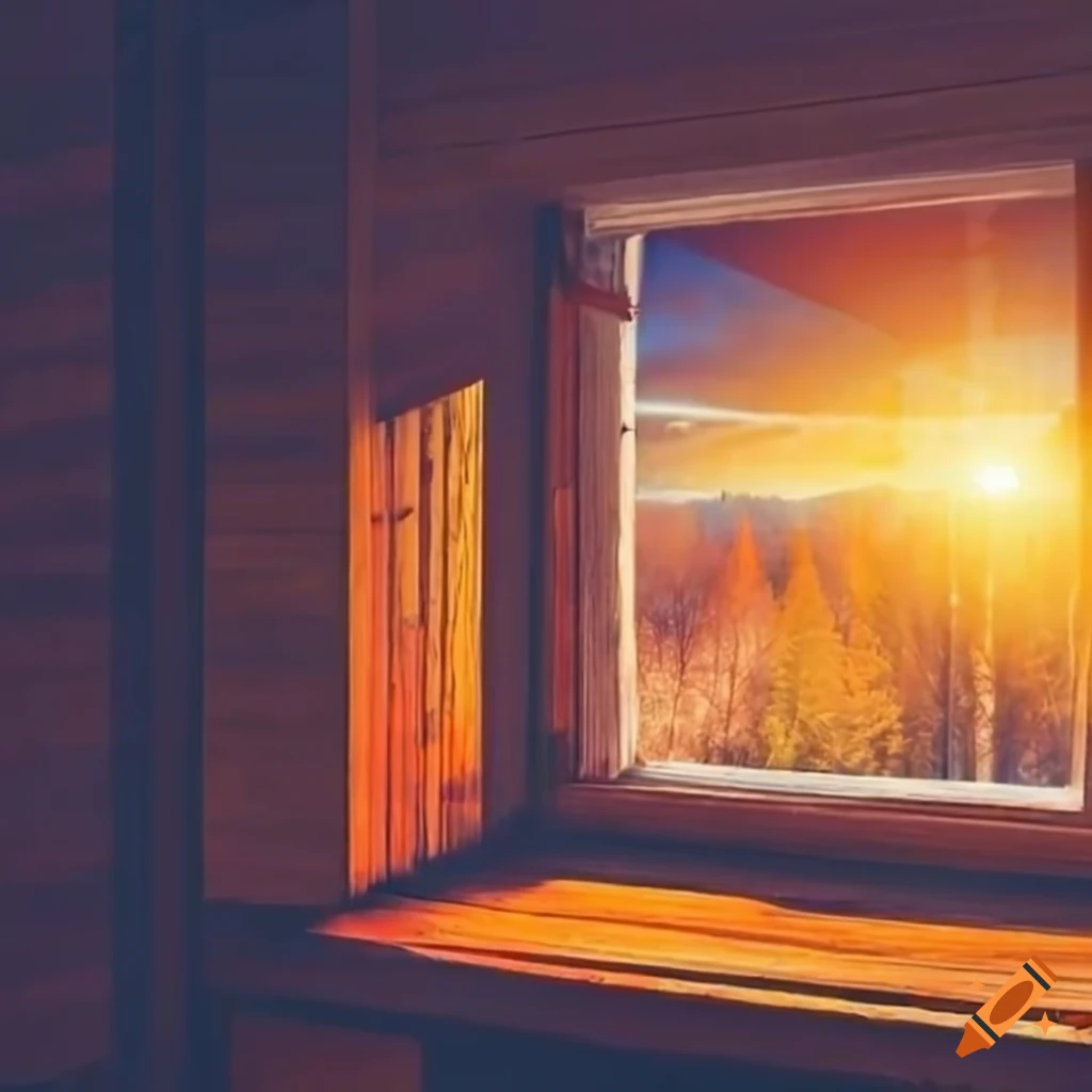 Autumn morning view from a mountain cabin window at sunrise on Craiyon