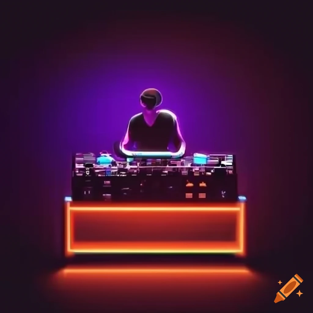 DJ mixing with neon lights and space for text on Craiyon
