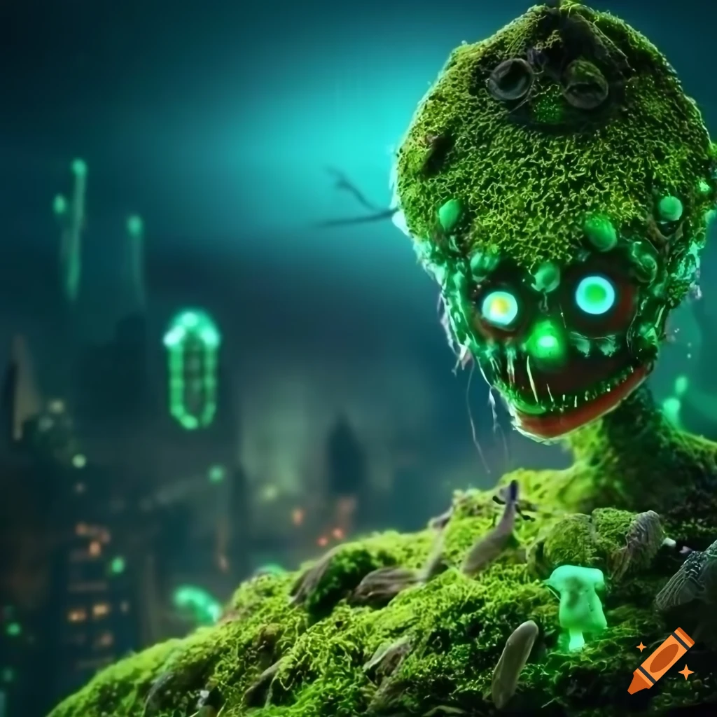 Glowing biopunk cityscape with green moss, plants, mushrooms, and ...