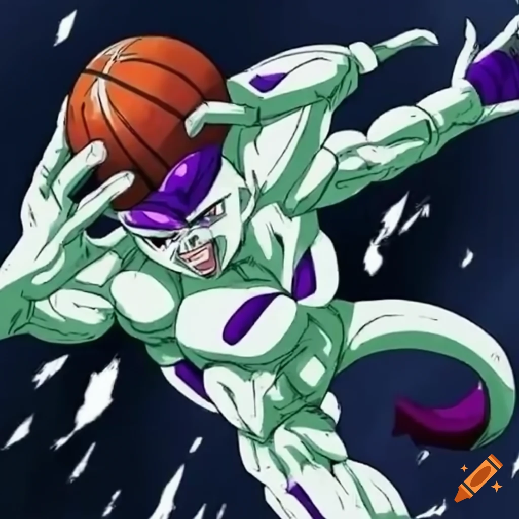 Anime character frieza going for a basketball dunk on Craiyon