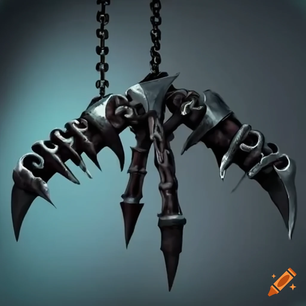 Metal claws chained together for a grappling weapon on Craiyon