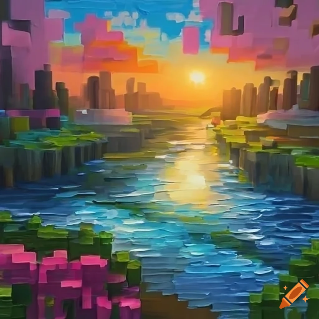 Oil painting of minecraft-inspired terrain with flowers and river at ...
