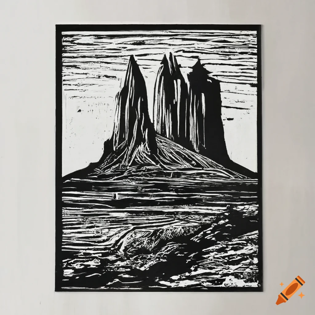 Linocut print of shiprock, new mexico in black and white on Craiyon