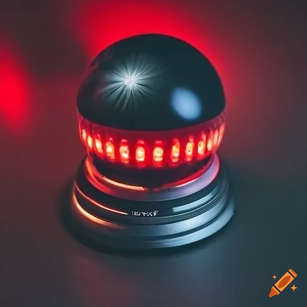 Black spherical tabletop device with red LED stripe on a table on Craiyon