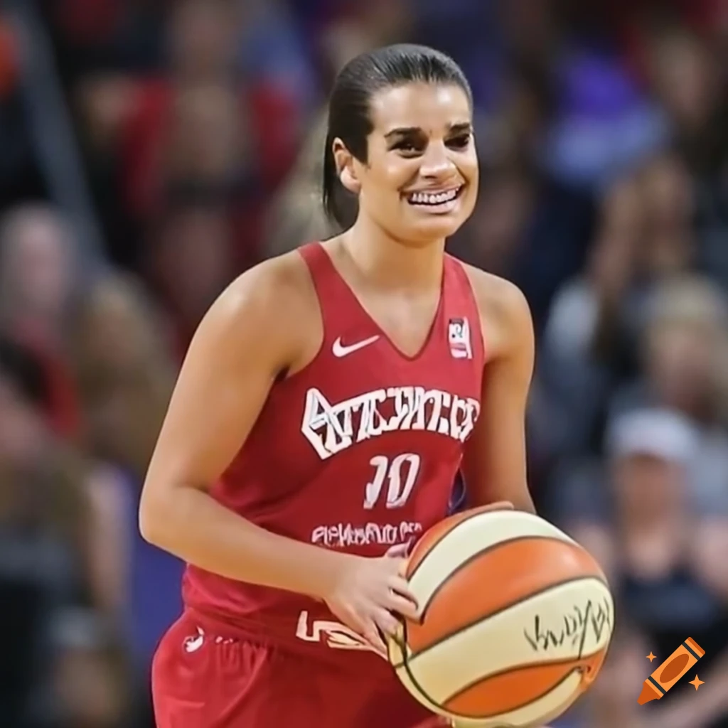 Lea michele in a wnba player uniform on Craiyon