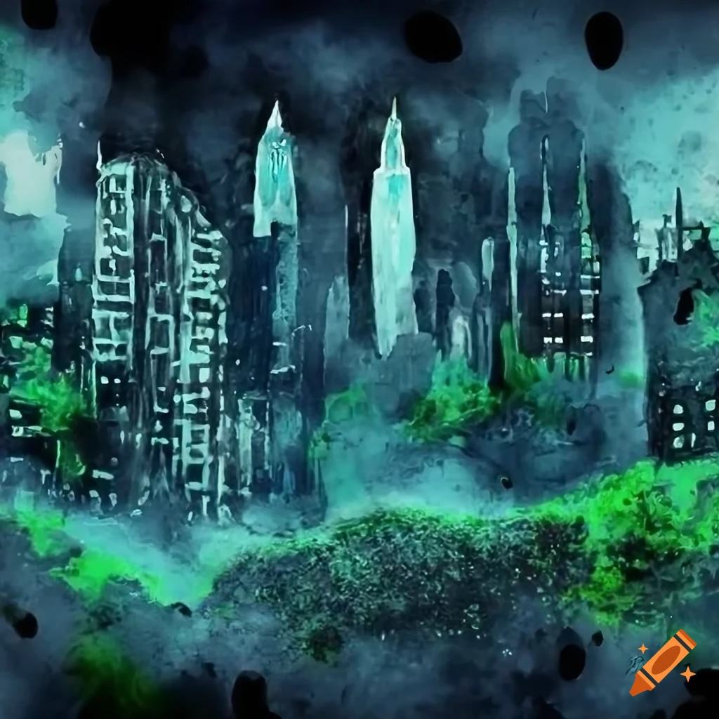 Glowing biopunk cityscape with plants, mushrooms, and mythical ...