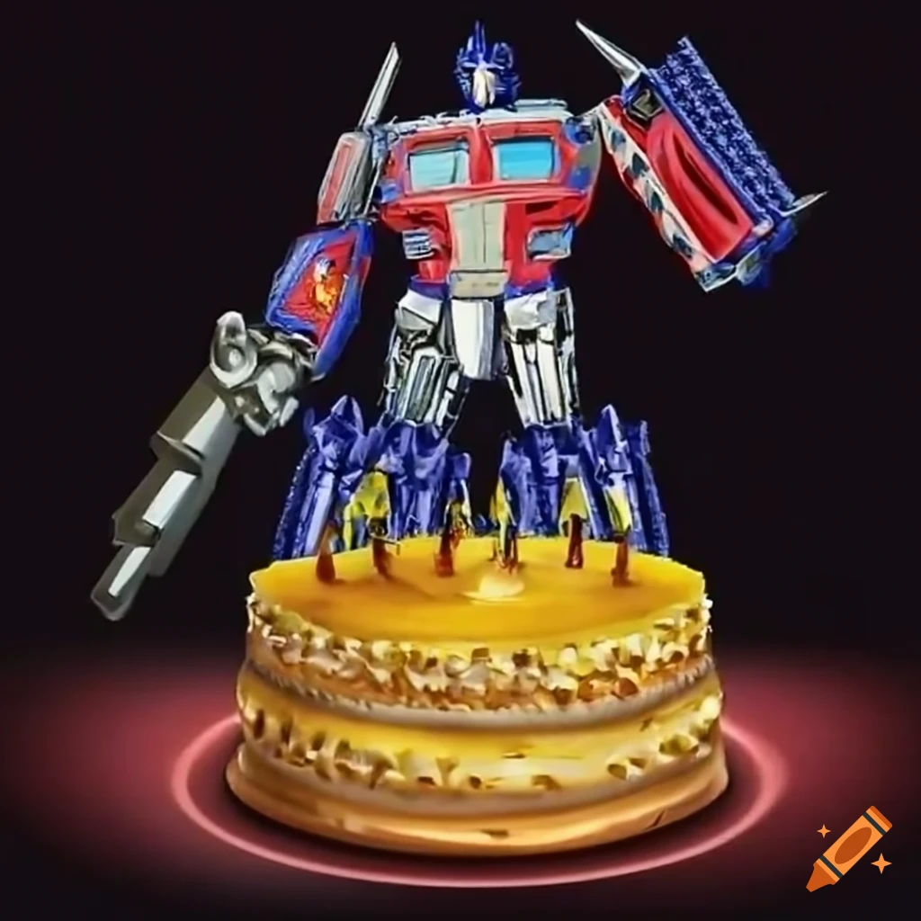 Optimus Prime celebrating a birthday with a golden cake on Craiyon