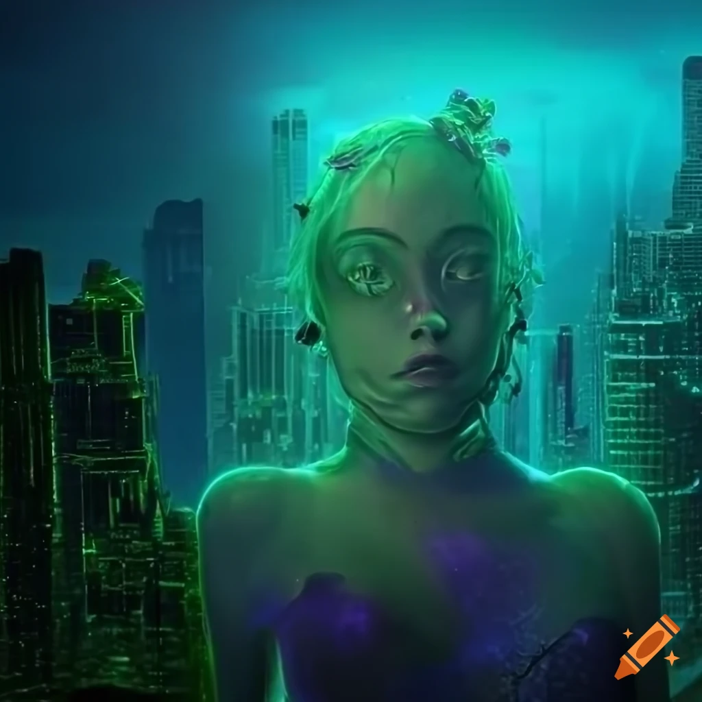 Glowing biopunk cityscape with plants, mushrooms, crystals, and cyborg ...