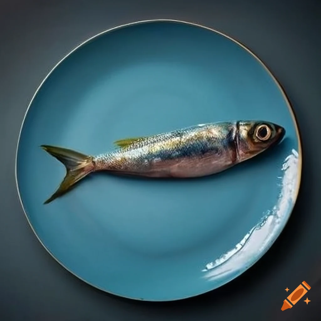 Artfully arranged sardine tails on a blue plate on Craiyon