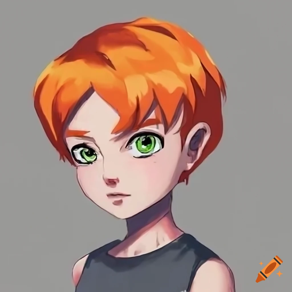 Anime girl character with orange pixie cut hair and green eyes on Craiyon