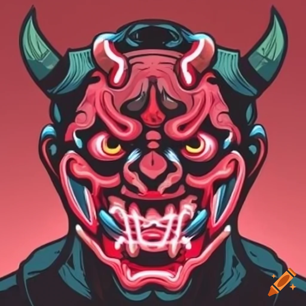 Neon Oni Epic mask with red glowing smoke in a pop art style on Craiyon