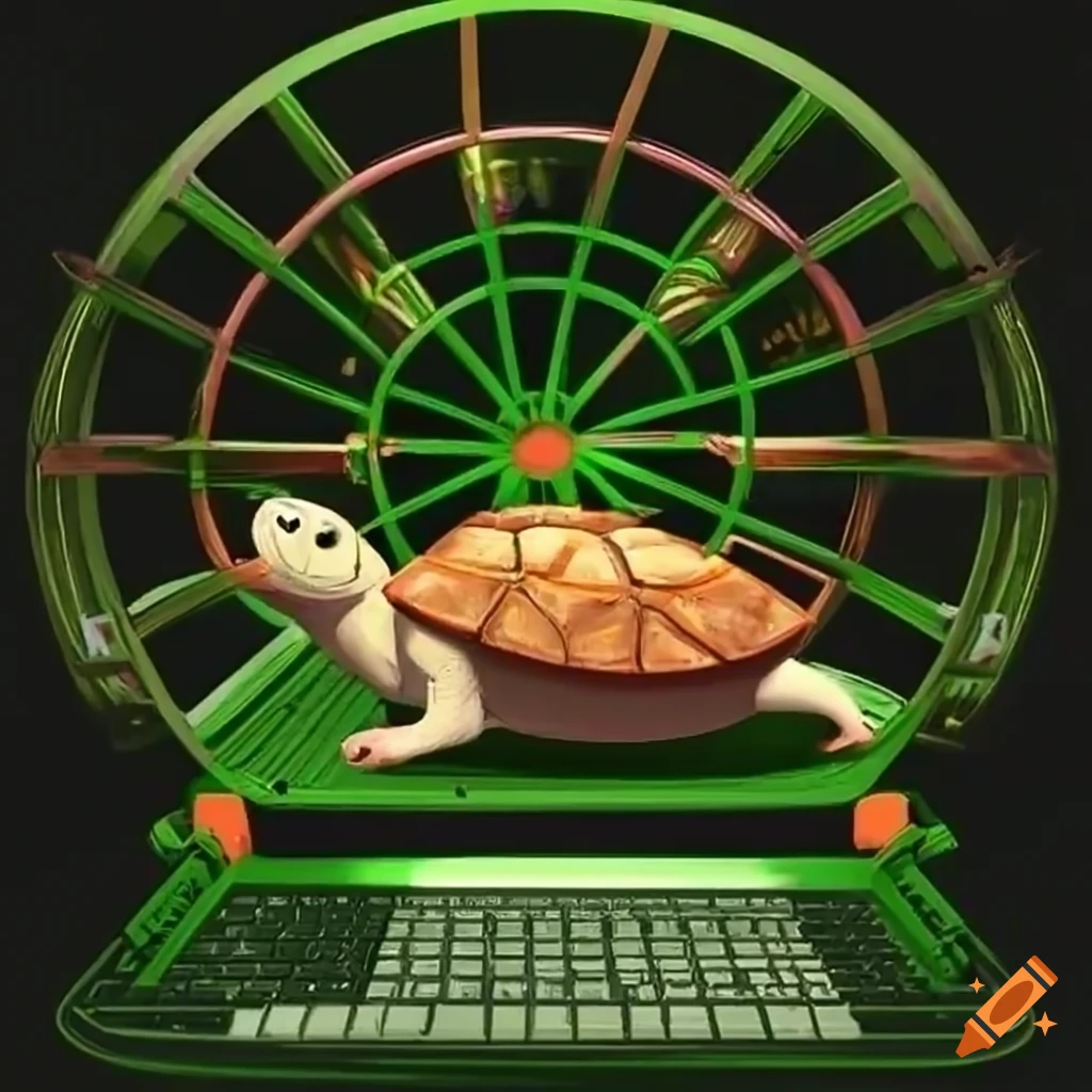 Turtle in a hamster wheel powering a computer on Craiyon
