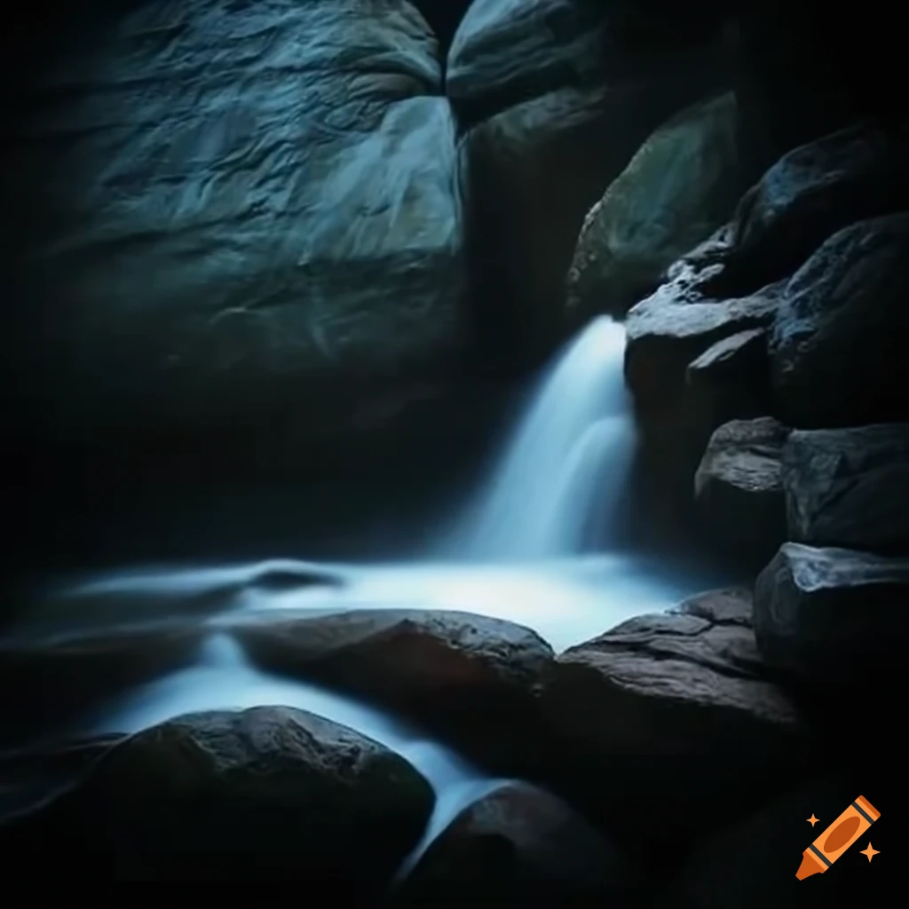 Water flowing between rocks on Craiyon