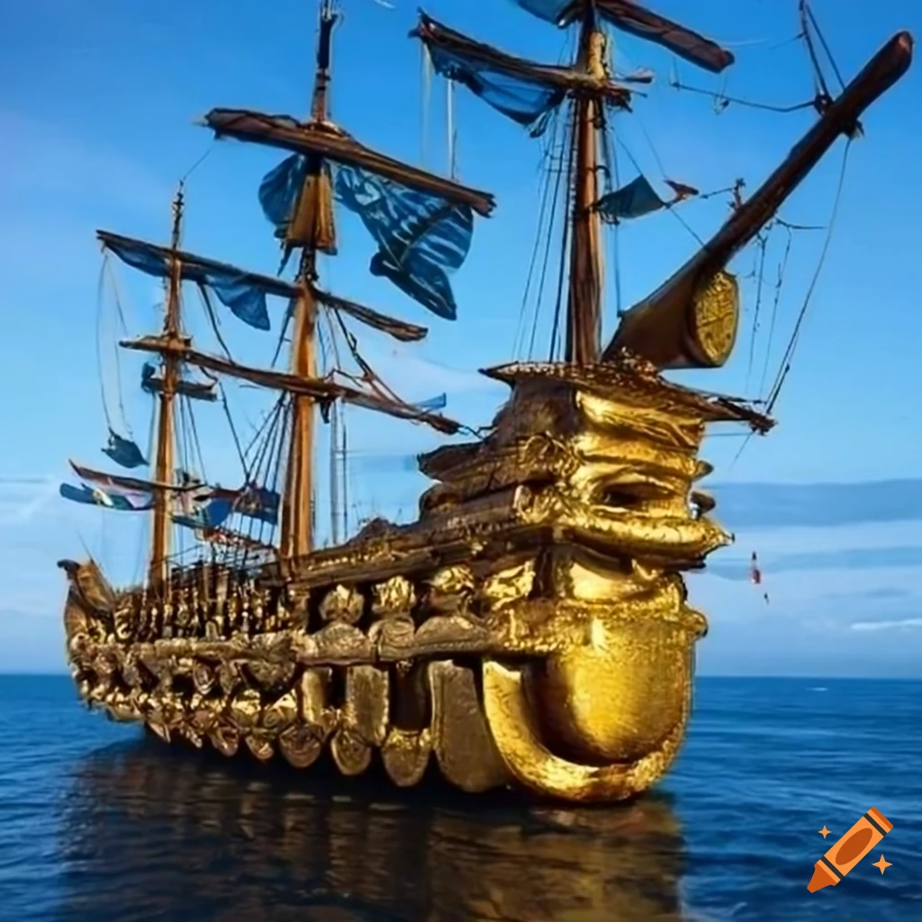 Eye-catching pirate ship made of gold sailing under clear skies on Craiyon