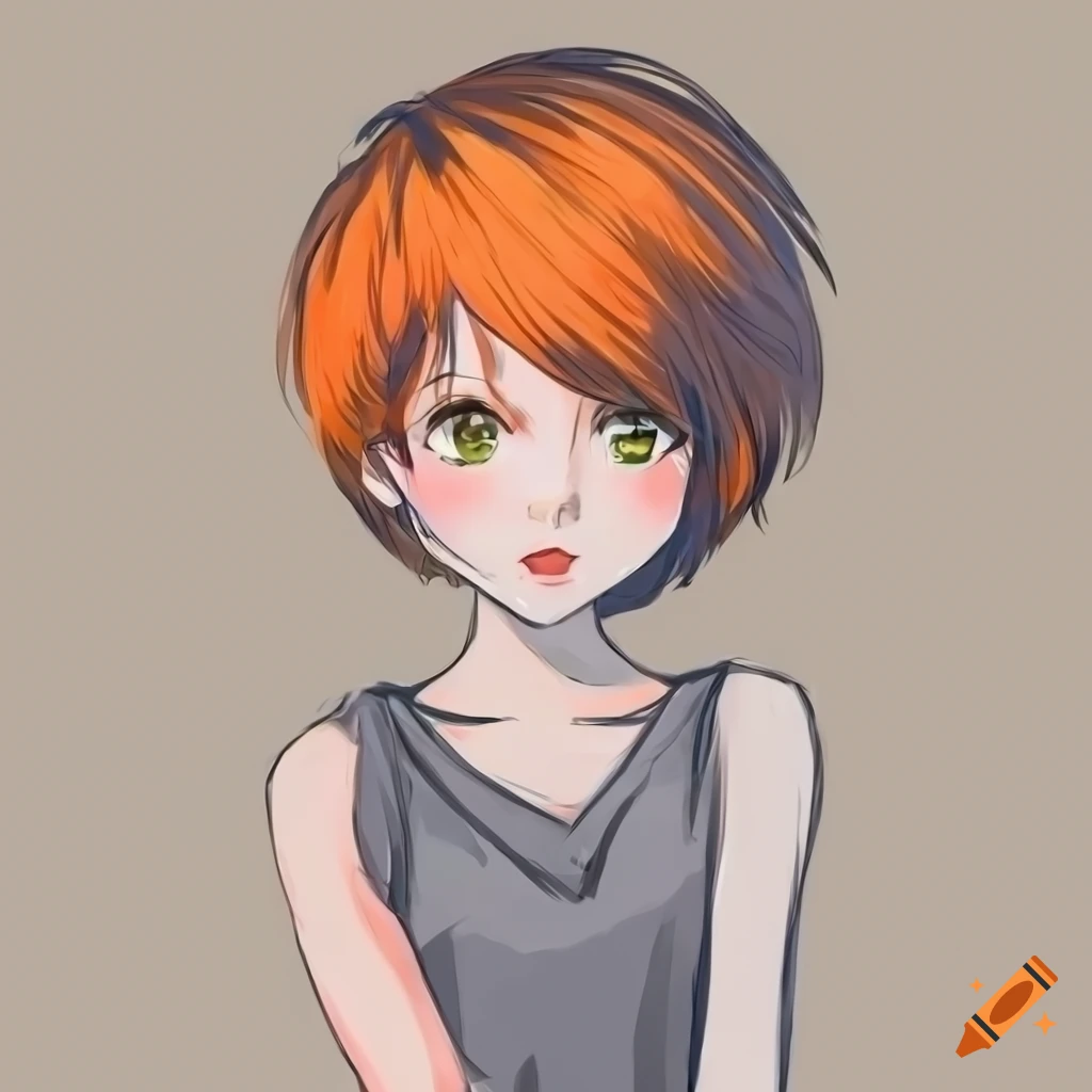 Anime girl with orange pixie cut hair and green eyes in a gray ...