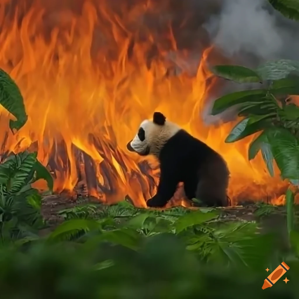 Amazon rainforest on fire with a Panda fleeing through smoke on Craiyon