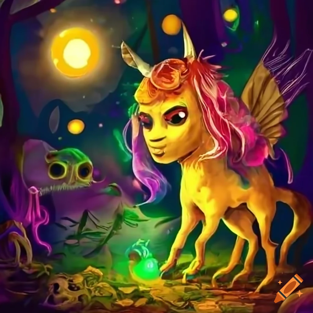 Mythical creatures and mutant lemon fruit monster in a magical forest ...