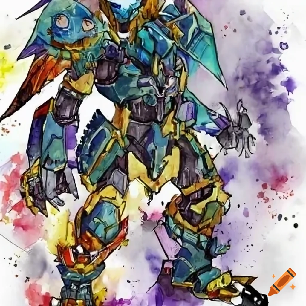 Armored knight mecha fighting in digimon-style anime villain scene on ...