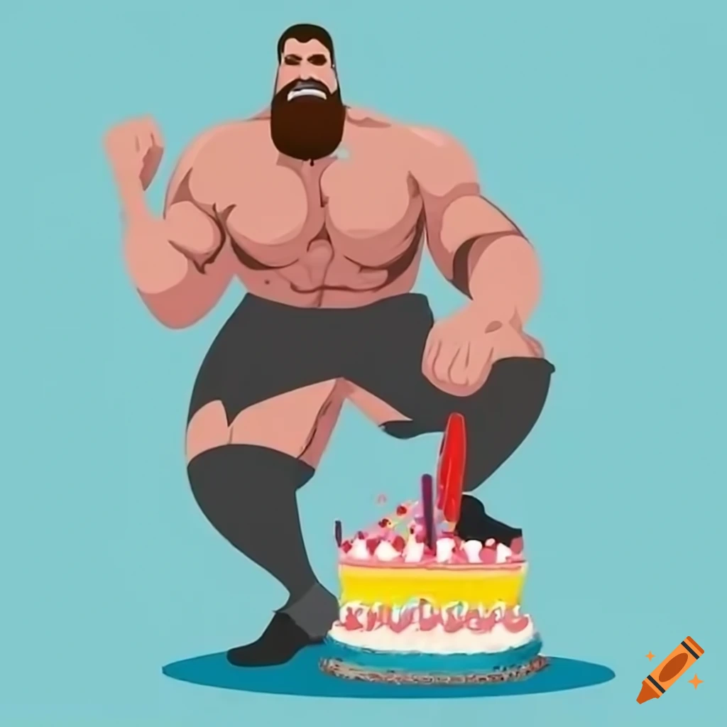 Muscular man celebrating birthday surrounded by workout equipment and ...